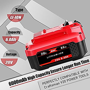 Jialipok 20V 6.0Ah CMCB205 Replacement Battery for Craftsman 20V Max Lithium Ion Battery CMCB204 CMCB204-2 CMCB202-2 CMCB201 CMCB206 CMCS500B CMCD700C Fast Charger CMCB104 Craftsman V20 Battery