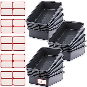 Sherr 15 Pieces 8L Food Service Bus Tubs with 20 Labels Heavy Duty Plastic Bus Box Utility Tub Commercial Wash Basin Tote Box for Home, Kitchen, Restaurant Daily Use, Toys, Hotel (Gray)