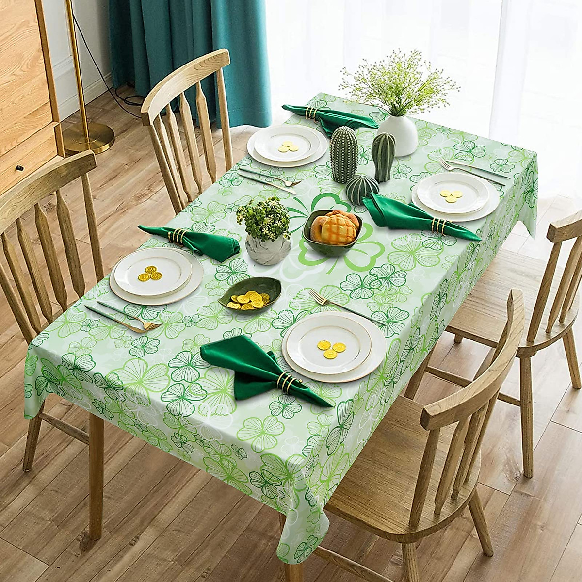 ASPMIZ St. Patrick’s Day Tablecloth, Lucky Shamrock Table Cloth, Green and White Tablecloths, Leaf Clovers Waterproof Tablecloth Rectangle for Dinner Party Decoration, 60 x 84 inch