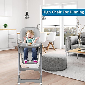 High Chair for Babies and Toddlers,3-in-1 Portable Highchair Toddler Chair, Folding & Height Adjustable Infant High Chair Dining Booster Seat with Wheels,Footrest and Meal Tray (Grey)