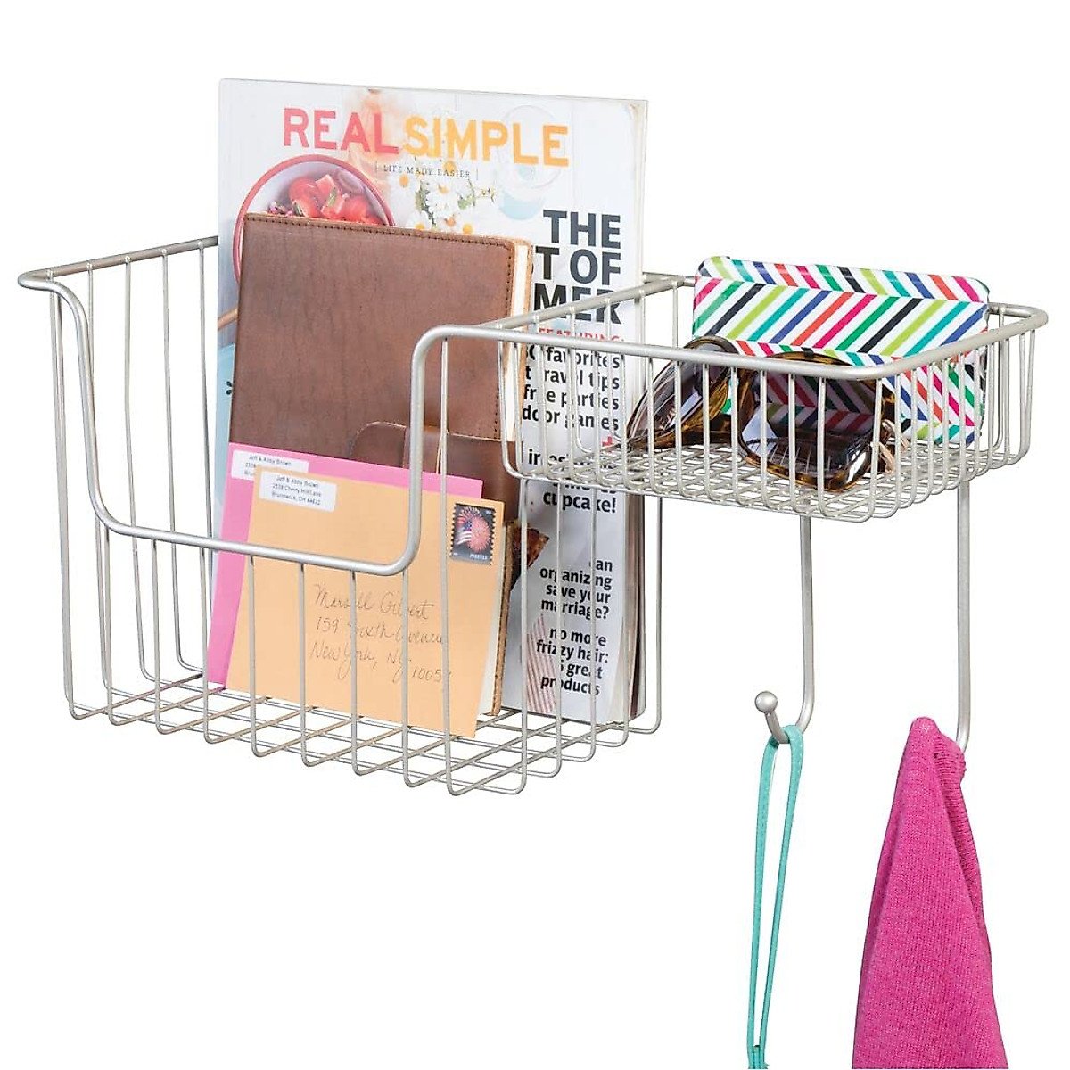 mDesign Metal Wire Wall Mount Entryway Storage Organizer Mail Basket Holder with 2 Hooks, 2 Compartments - for Organizing Letters, Magazines, Keys, Coats, Leashes - Satin