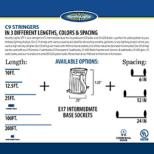 Novelty Lights 25 Foot String Light Set - Indoor/Outdoor Stringer Set for Christmas, Wedding Decor, Patios, & More - C9/E17 Intermediate Base (Green Wire, 12" Spacing)