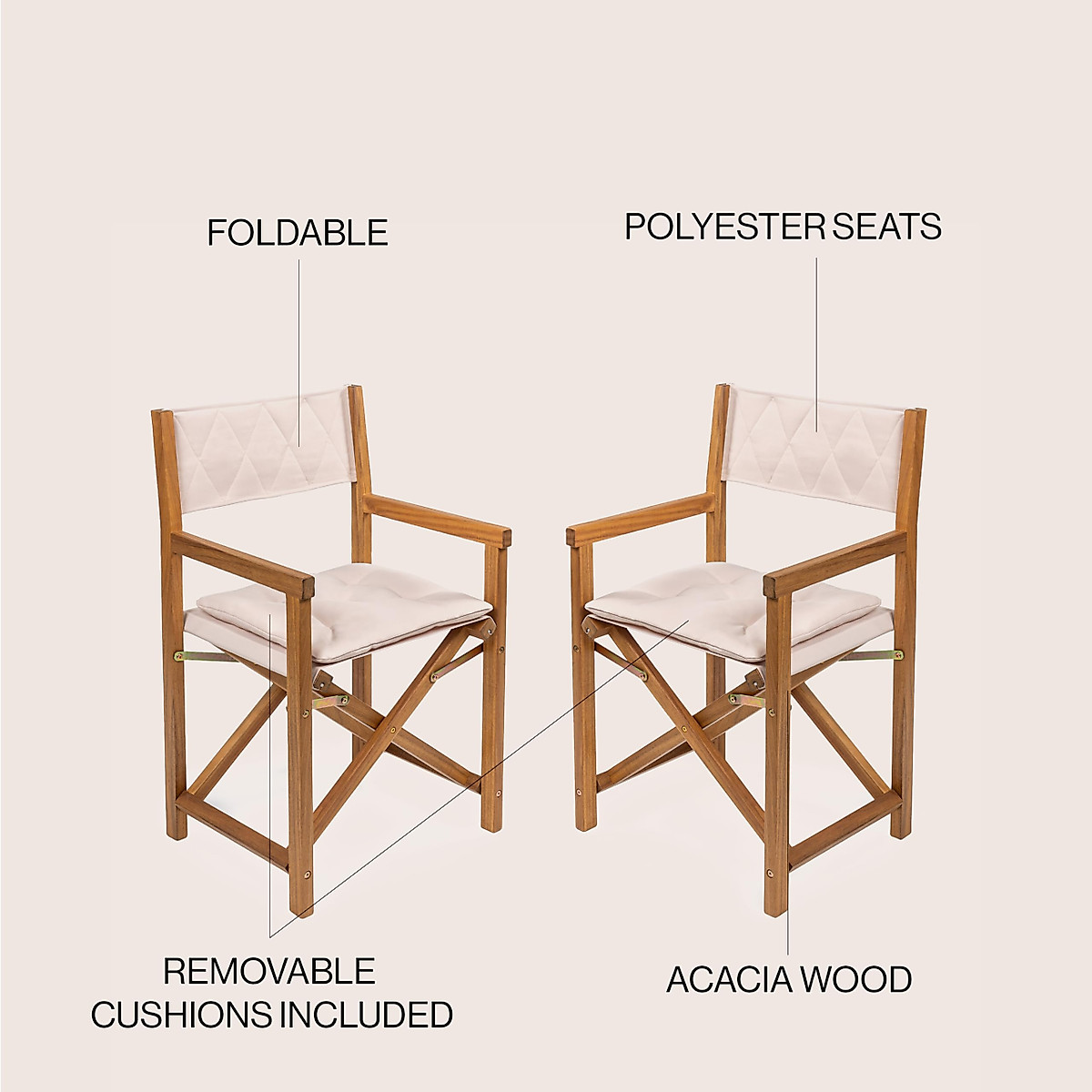 JONATHAN Y DRC1002A-SET2 Waldo Classic Mid-Century Outdoor Acacia Wood Foldable Diamond-Quilted Back Director Chair with Cushion Modern, Vintage, Bohemian, Coastal, Beige/Teak Brown (Set of 2)