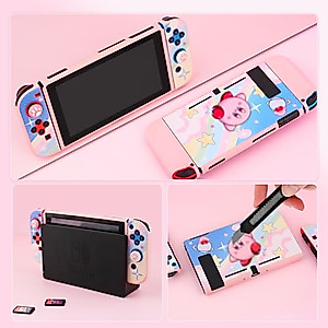 FUNDIARY Pink Carrying Case for Nintendo Switch with Kirby Design, Cute Shockproof Accessories for Switch Console Joycon with Travel Bag, TPU Skin Case, Screen Protector, Shoulder Strap & 2 Thumb Caps