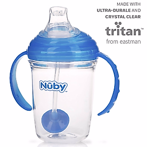 Nuby 360 Grip N' Sip 8oz Tritan Cup, Weighted Straw with Hygienic Cover, Blue
