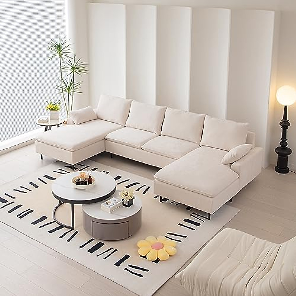 HBRR Modular Sectional Chaises, Oversized U Shaped Couch Linen Fabric Sofa Set, Beige