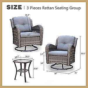 HAPLIFE 3 Pieces Patio Wicker Swivel Rocker Chairs with Side Table Rattan Outdoor Furniture Rocking Chair Set (Grey)