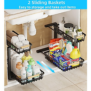 exilot 2 Pack Under Sink Organizer, Large 2 Tier Under Sink Organizer Storage, Height Adjustable Metal Pull Out Cabinet Organizer, Sliding Storage for Kitchen/Bathroom/Laundry Room.