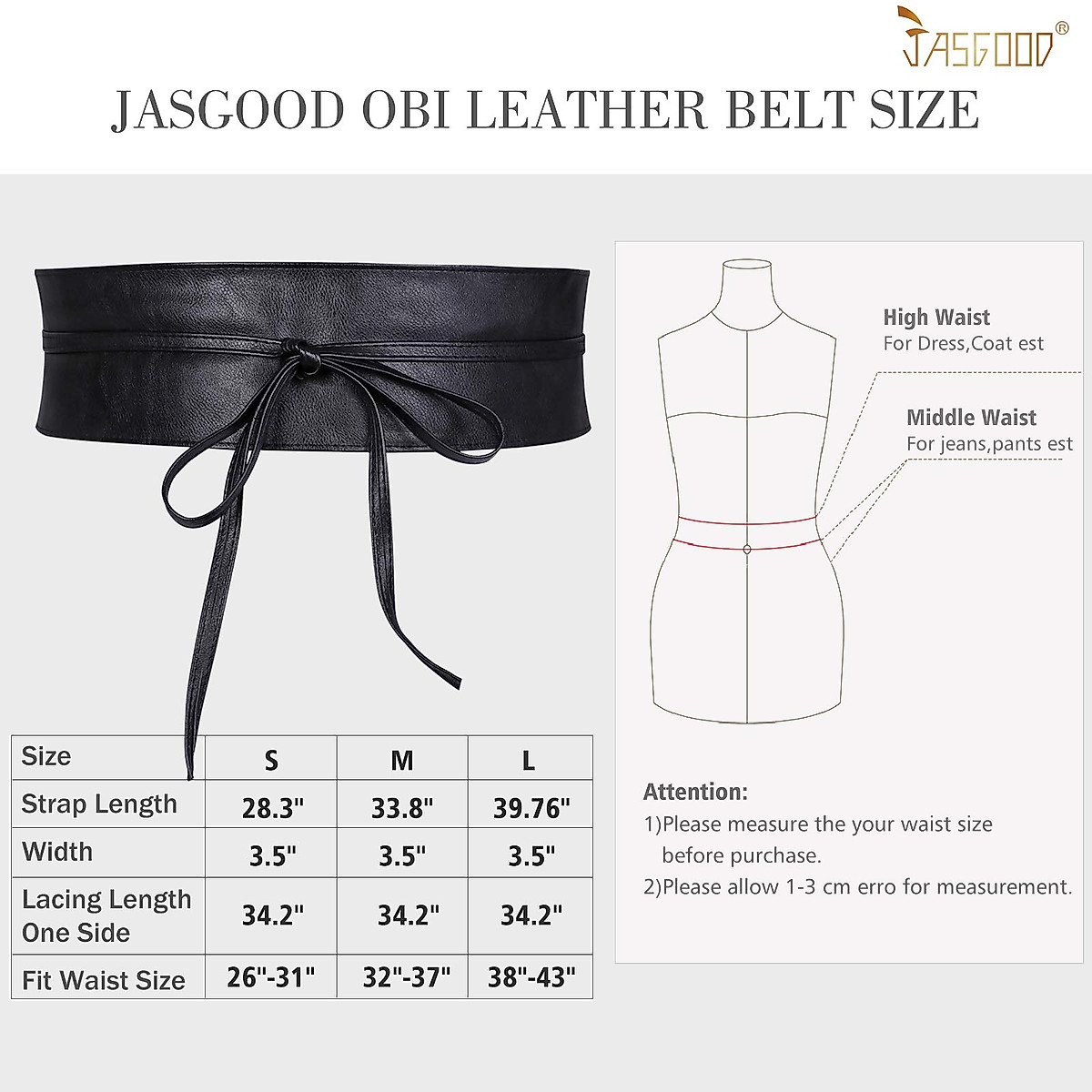 JASGOOD Women Fashion Leather Obi Belt- Plus Size Black Wide Fashion Wrap Waist Belt for Ladies,Black,Fit Waist Size 38-43 Inch