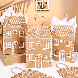 JarThenaAMCS 12Pcs House Shaped Gift Bags Winter Snow House Kraft Paper Bags with Tissue Paper Rustic Christmas Candy Treat Bags for Xmas Holiday Housewarming Estate Agent Gifts