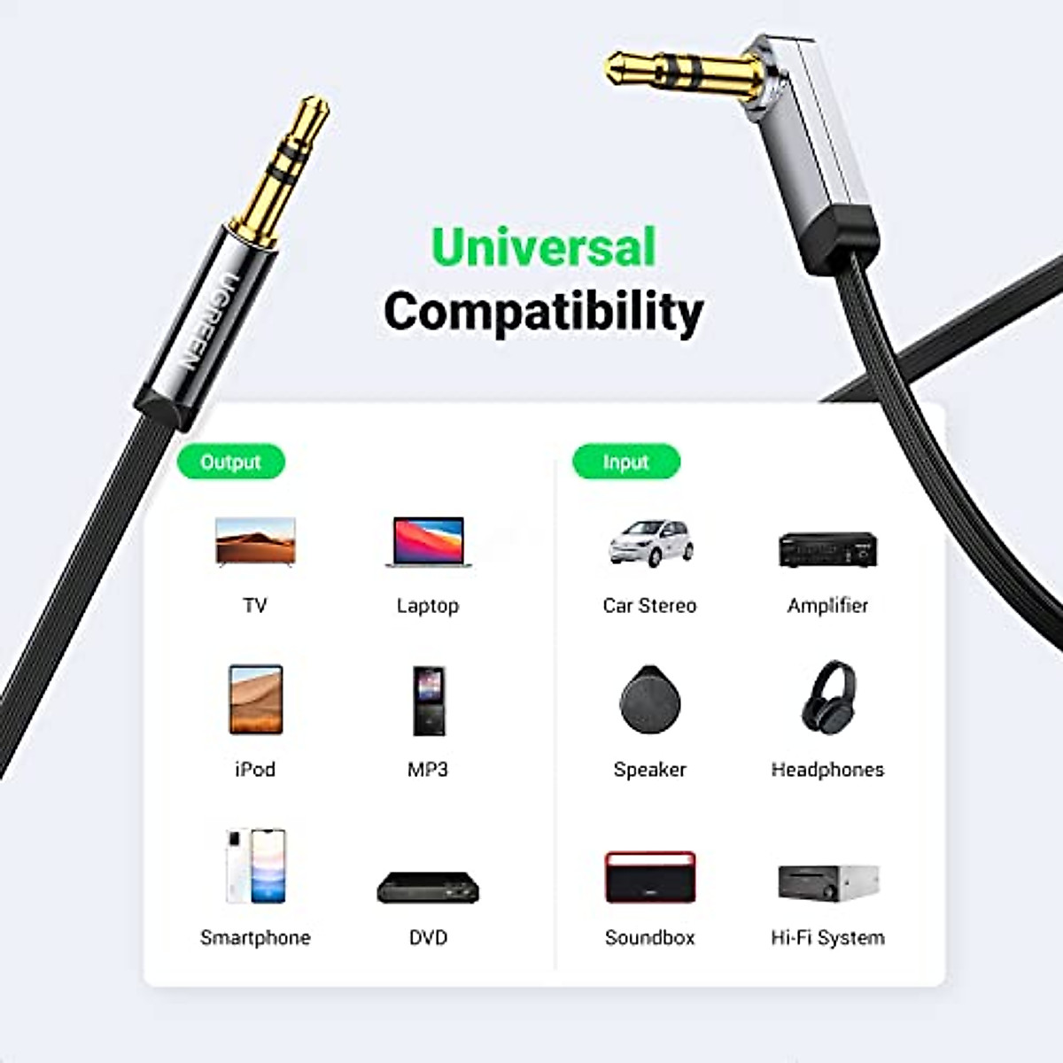 UGREEN 3.5mm Audio Cable Stereo Aux Cord 90 Degree Right Angle Aux Cable Compatible with Beats iPhone iPod iPad Tablets Speakers 24K Gold Plated Male to Male Black 1.5FT
