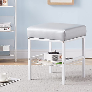 Cpintltr Vanity Stool Foot Stools Faux Leather Ottoman Stool Square Ottoman Bench Modern Dressing Stool Small Stool Side Table Footstool with Metal Leg Vanity Stool for Bathroom Living Room Silver-