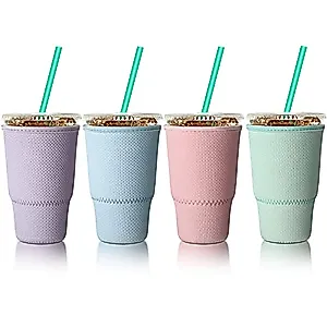 4 Pieces Reusable Coffee Sleeves Neoprene Cup Sleeve Cup Insulator Bottle Sleeves for Iced Coffee Cold Drinks Beverages, Fits 30-32 oz Large Cups