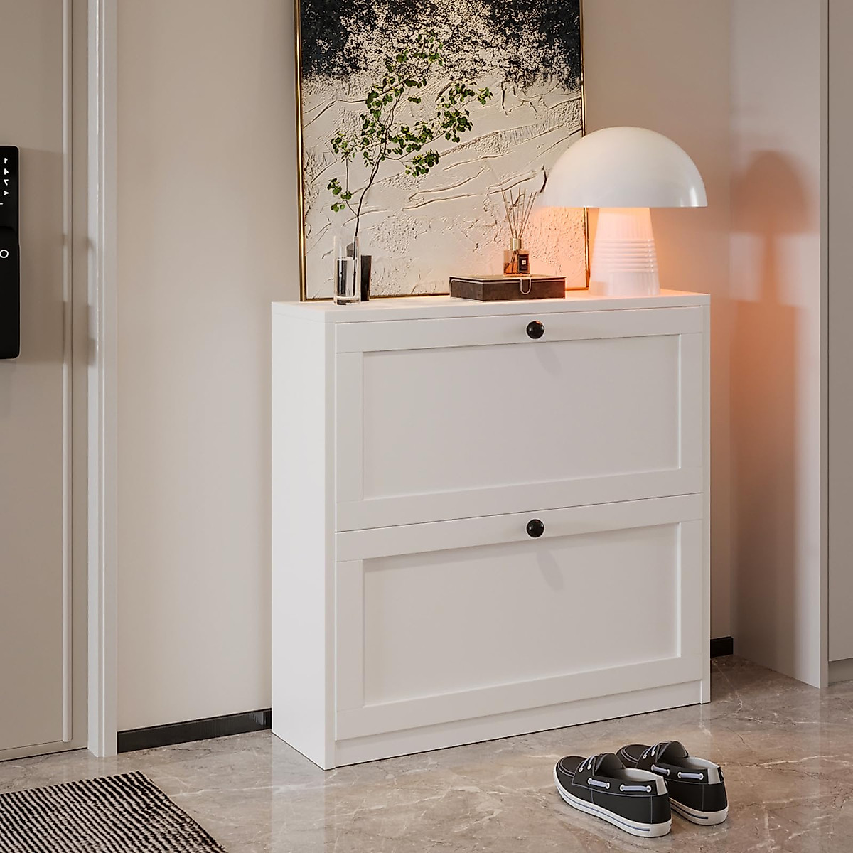 VOWNER Shoe Cabinet with 2 Flip Drawers, Freestanding Shoe Storage Cabinet with Adjustable Shelf & Anti-Tipping Device, Shoe Rack for Entryway, Hallway, Living Room (White)