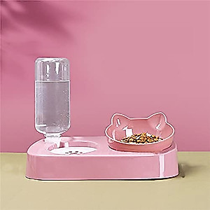 Cat Dog Water and Food Bowls, Tilted Raised Water Bottle and Food Bowl Set, Automatic Feeder Pet Food Bowl with Water Dispenser, Pet Bowl Sets, Pink for Kitten and Puppy, 11.81 x 6.5 x 11.02 inches