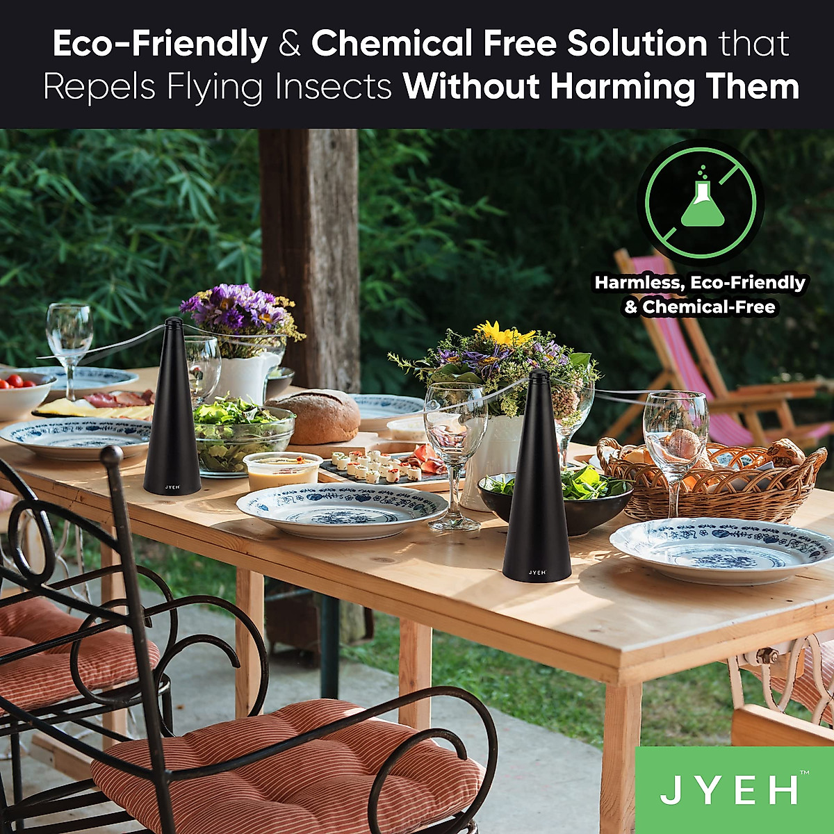 JYEH Fly Fan Repeller for Tables | Indoor & Outdoor | Keeps Flies Away from Food | Fly Repellent | for Outdoor Meals & Seating | Portable Electricity Enabled Fan | Black | 2 Pack |