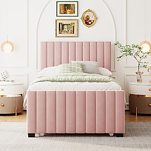 YOPTO Twin Size Upholstered Bed with Twin Size Trundle, Velvet Platform Bed Frame w/Headboard for Bedroom,No Box Spring Required,for Bedroom Guest Room,Pink