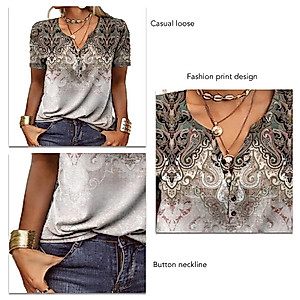 Pissente Women Short Sleeve T Shirt Top Printed Flower Shirts Casual Tunic Loose Fitting Button Collar Comfortable (Khaki)