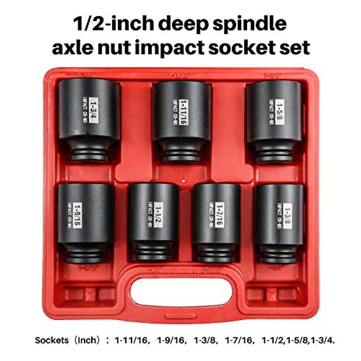 SEKETMAN 7Pcs 1/2" Drive Deep 6-Point Impact Socket Set/Spindle Nut Impact Socket Set, Inch, Cr-Mo,1-3/8-Inch - 1-3/4-Inch