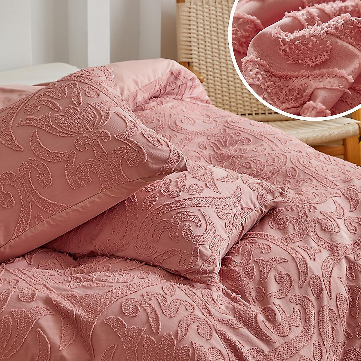 Warmarky Pink Duvet Cover Queen Size Boho Tufted Duvet Cover Queen(90x90’’) Soft Breathable Cation Microfiber Light-Weight Bedding Set,1pcs Comforter Cover,2pcs Envelop Pillowcase