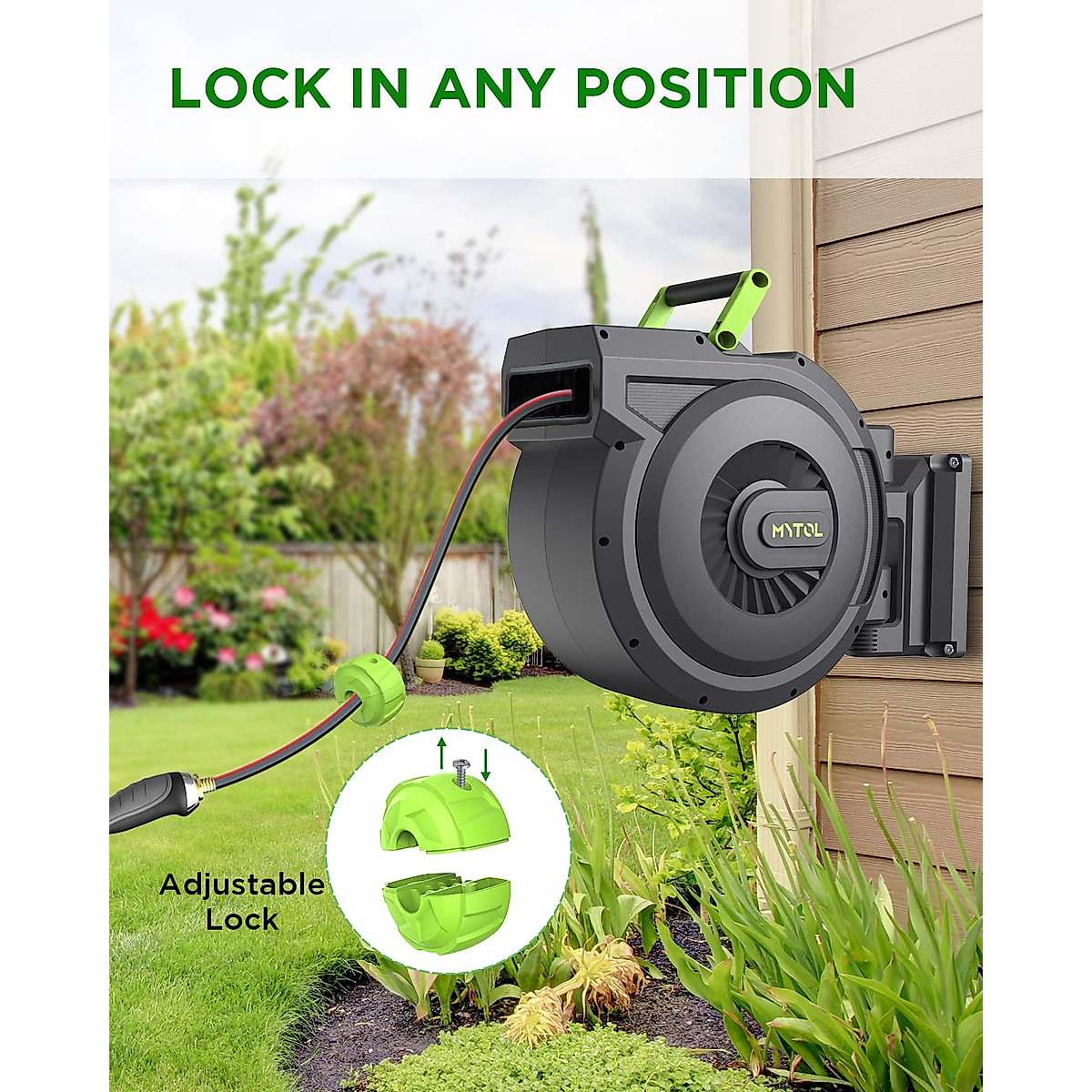 MYTOL Retractable Garden Hose Reel, 5/8 Inch x 82 ft + 6 ft Wall Mounted Water Hose Reel with Auto Slow Rewind System, 10-Pattern Nozzle, Any Length Lock, 180° Swivel Bracket, Ideal for Easy Watering