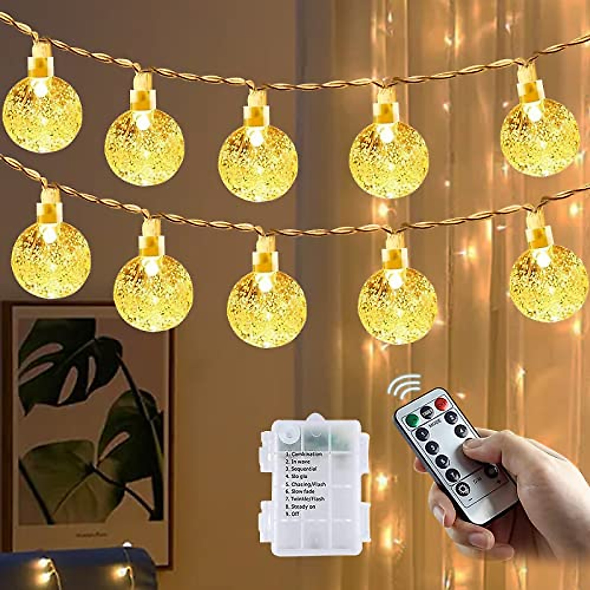 2 Pack Globe String Lights Battery Operated Christmas Balls Lights,16FT 40 LED Twinkle String Light 8 Modes with Timer Remote Control for Indoor Outdoor Patio Bedroom Christmas Tree Tent Decor