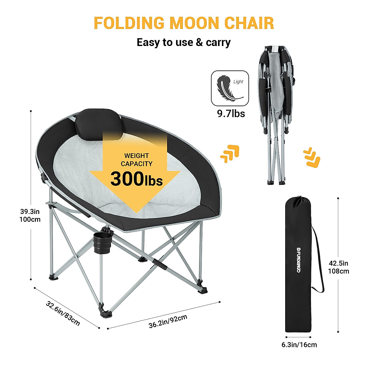 FUNDANGO Oversized Folding Camping Chair Moon Chair for Adults with Headrest, Cup Holder, Carry Bag, Portable Round Chair for Outdoor Hiking, Fishing, Picnic, Camp, Lawn