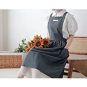 ENN&EEZY Pinafore Aprons for Women with Pockets Japanese Cross Back Linen Apron for Kitchen Cooking, Gardening, Painting, Baking Green