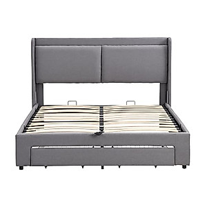 BOVZA Queen Size Lift Upholstered Platform 2 Drawers, Modern Wingback Headboard, Hydraulic Storage Bed Frame, Linen Gray