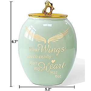 LINES ARTE Medium Urns for Human Ashes Adult Female, 6.7x5.2 Inch Medium Size Urn for Mom/Sister/Women with Green Angel Wings, Ceramic Cremation Urns for Ashes Adult Female