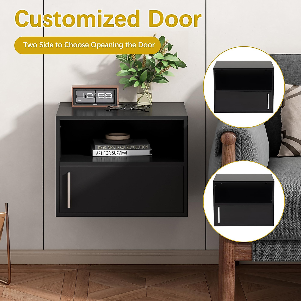 JAXPETY Wall Floating Nightstand Set of 2 Modern Side Table Wall Mounted Shelf with Cabinet Storage for Living Room, Bedroom, Dorm, Black