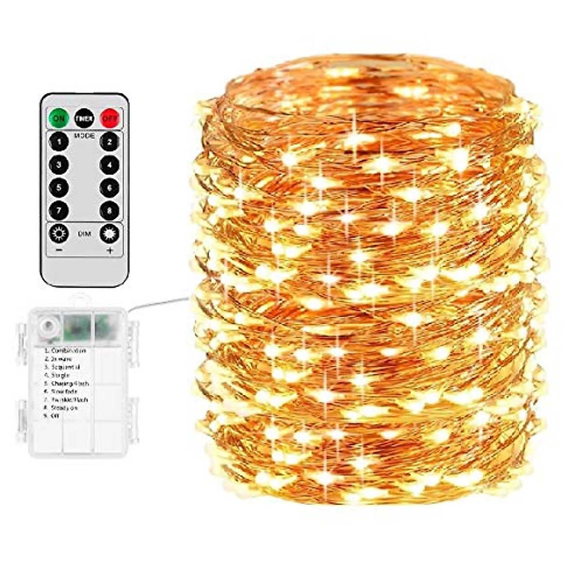 nircsom Fairy Lights Battery Christmas String Lights, 66Ft 200 LED Waterproof Remote Timer Control Copper Wire Lights, Fairy Lights Decoration String Lights for Patio Garden Yard Party Wedding