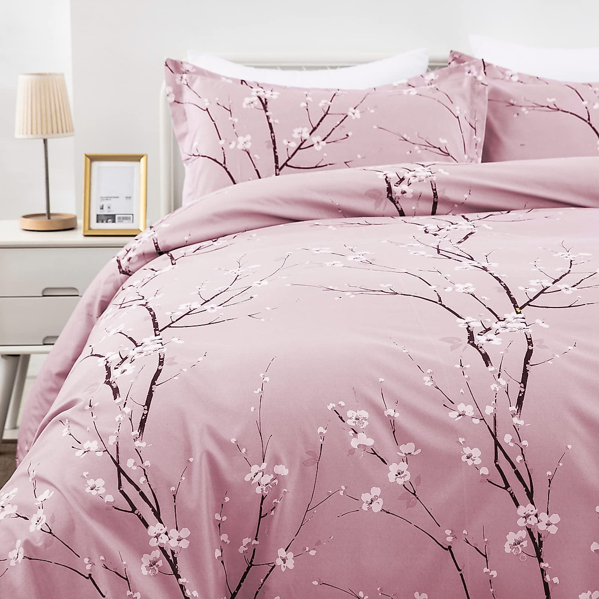WONGS BEDDING Pink Floral Duvet Cover Set Queen, Reversible Flower Plum Blossom Printed Comforter Cover Set with 2 Pillowcases 3 Pieces Bedding Set Soft Microfiber Queen Size 90"x90"(Not Comforter)