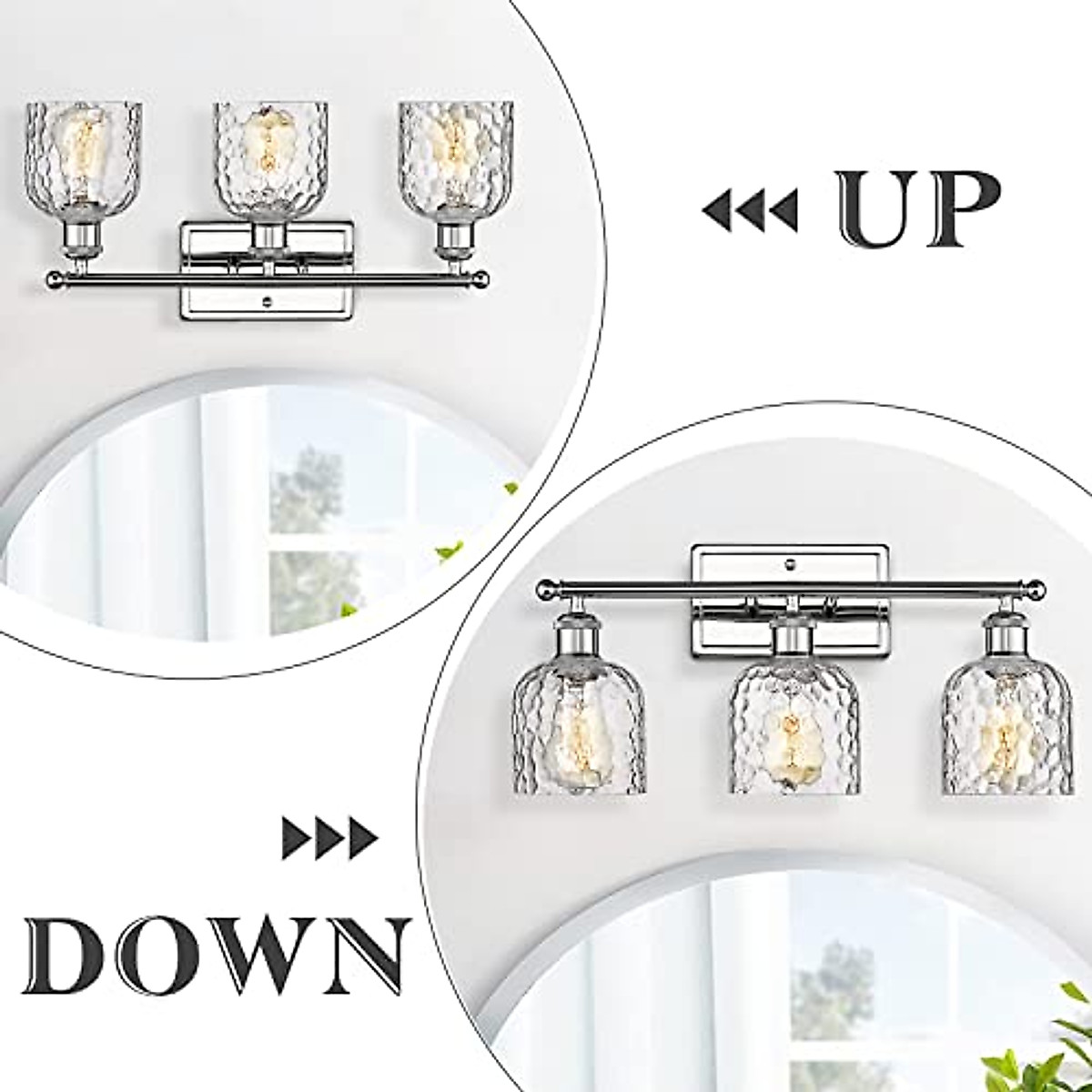 zeyu Modern Vanity Lights for Bathroom, Industrial 3-Light Chrome Bathroom Lights with Hammered Glass Shade, ZJF63B-3W CH