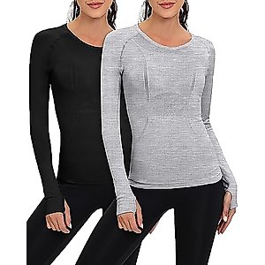 2 Pieces Women Long Sleeve Workout Shirt Seamless Workout Shirts with Thumb Holes Fitted Top Sports Yoga Athletic Shirt Top(Black, Gray, Medium)