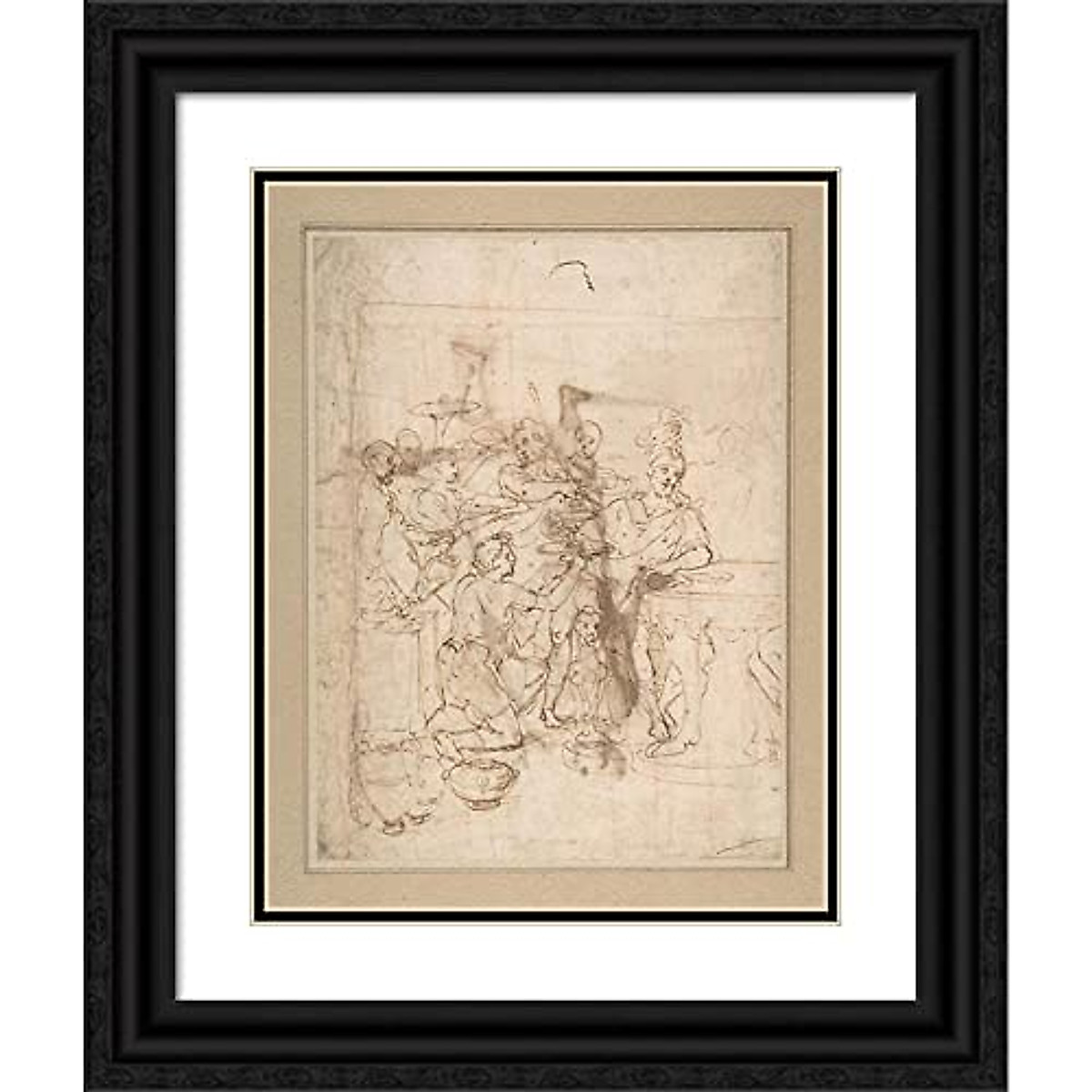 ArtDirect Cesare Nebbia 15x18 Black Ornate Frame and Double Matted Museum Art Print Titled: Banquet Scene; a Seated Warrior Attended by a Number of Servants (1536-1614)