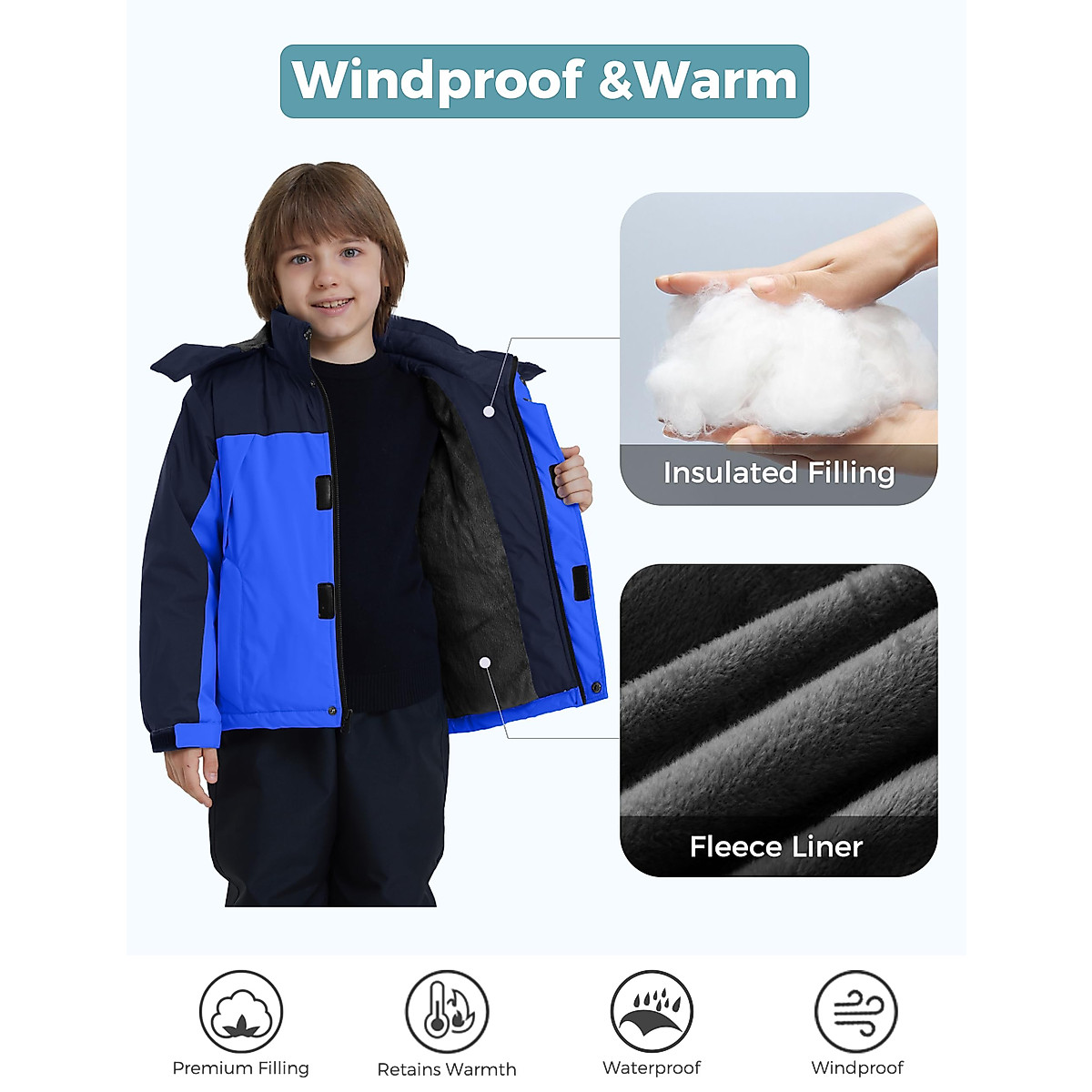 ZSHOW Boys' Ski Jacket Waterproof Thick Winter Snow Coat with Detachable Hood(Blue,14-16)