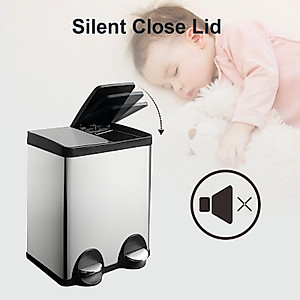 JM ·YIPENG Dual Trash Can, 40 Liter / 10.6 Gallon Dual Compartment Recycling Can, Kitchen Trash and Recycle Bin Combo with Soft Close Lid, Inner Buckets, Brushed Stainless Steel