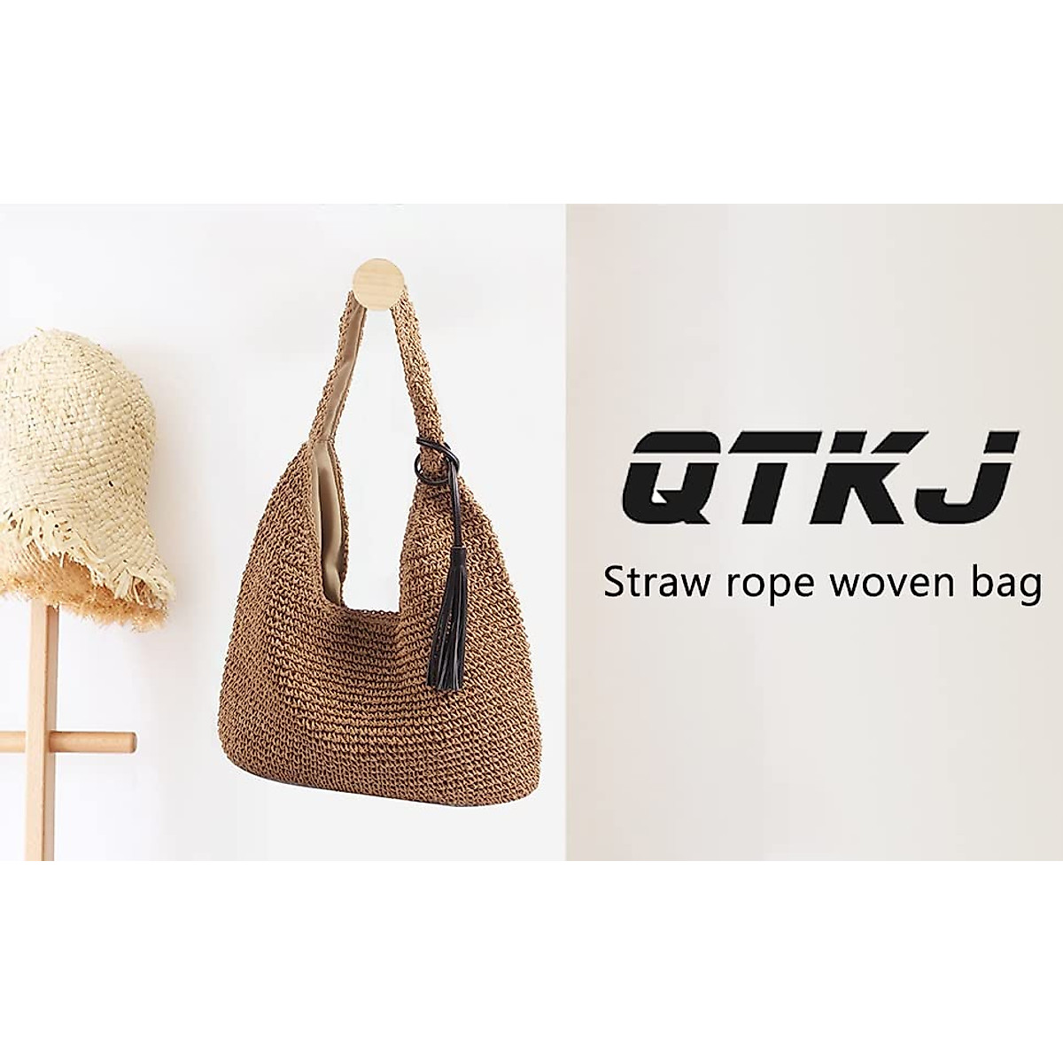 QTKJ Hand-woven Soft Large Straw Shoulder Bag with Black Tassels Boho Straw Handle Tote Retro Summer Beach Bag Rattan Handbag (Brown)