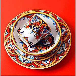 Fine Dinnerware Set,4 Pieces Rustic Style Red Vintage Pattern Ceramic Tableware Porcelain Plate Bowl Mug Dinner Gift