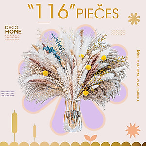 Natural Pampas Grass Mix Bouquet | Dried Pampas Bouquet for Wedding Boho Flowers Home Table Decor Desk Decor, Rustic Farmhouse (116 PCs Mix Bouquet)