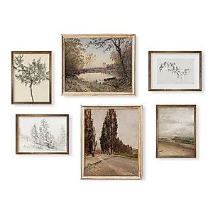 Rustic Modern Farmhouse Wall Art Decor - Boho Art Deco Victoria Pictures Bathroom - French Country Kitchen Poster - Aesthetic Vintage Landscape Set - Nature Forest Woodland Lake Tree Drawing Coastal
