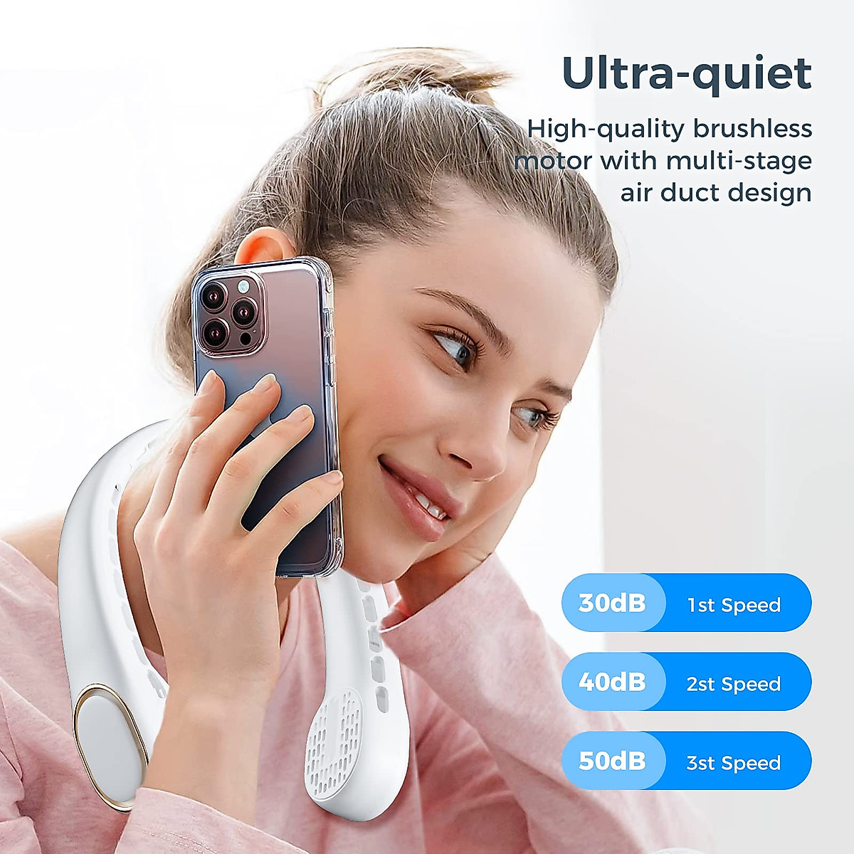 MFEESYOB Portable Neck Fan, 5000mAh Battery Operated Wearable Personal Fan with USB Rechargeable, 3 Adjustable Speeds, 360° Cooling，Super Quiet, Suitable for Outdoor Sports, Travel, Office