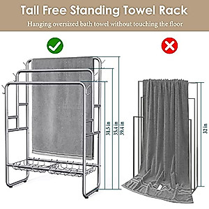 40" H Standing Towel Rack with 2 Storage Baskets & 6 Hooks, 3 Tier Silver Metal Towel Holder for Extra Large Towel, Modern Industrial Blanket Ladder Display and Drying Rack for Bedroom Bathroom