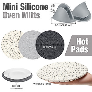 Oven Mitts Oven Gloves and Cotton Thread Weave Pot Holders Sets, Heat Resistant Silicone Oven Mittens with Hot Pads Potholders Farmhouse Kitchen Decor for Kitchen Cooking Baking Accessories (Gray)