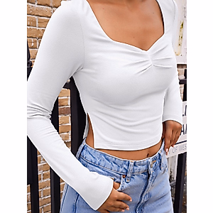 Trendy Queen Womens Long Sleeve Going Out Crop Tops Sweetheart Neck Cute Y2k T Shirts Side Slit Tees, White, S