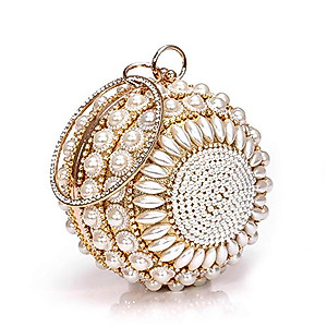UMREN Women Round Clutch Ball Evening Bag Dazzling Full Beaded Artificial Pearls Handbag for Wedding Parites Prom Gold