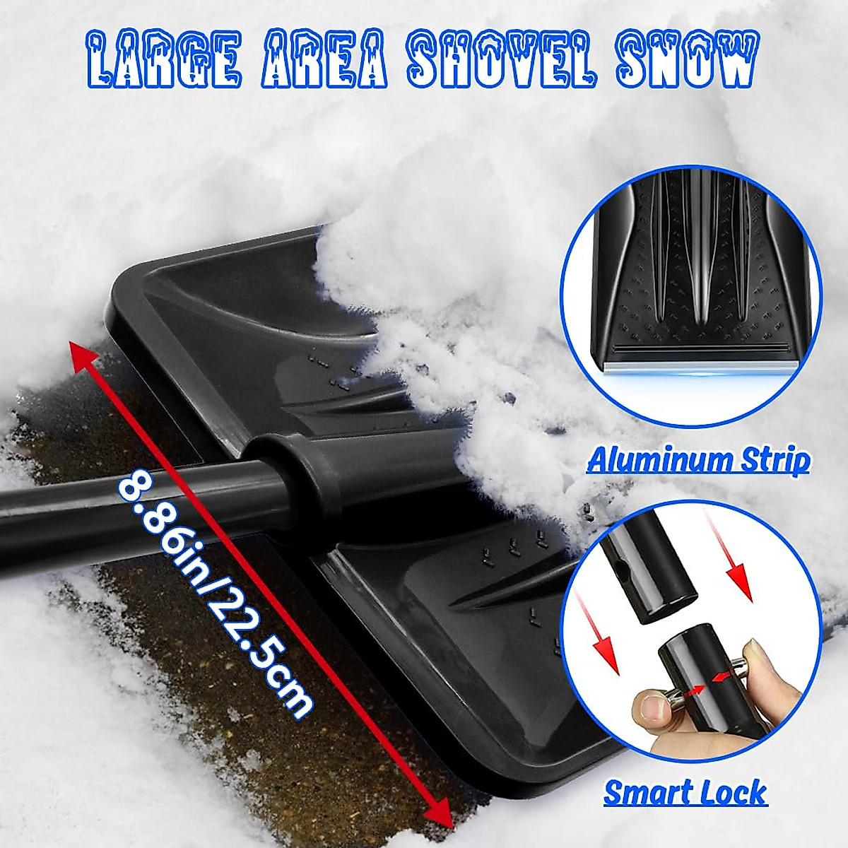 Snow Shovel for Car Driveway, 2024 New Upgrade Snow Shovels for Snow Removal, Lightweight Portable Adjustable Large Capacity Shovel Perfect for Garden, Camping, Snowman Playing and Emergency(Black)