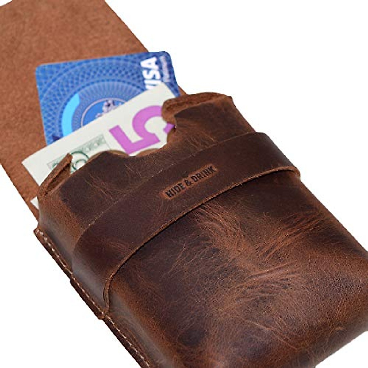 Hide & Drink, Card Organizer Pouch, Holds Up to 12 Cards Plus Folded Bills, Coin Holder, Vintage Case, Stylish Accessories, Full Grain Leather, Handmade, Bourbon Brown