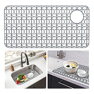 Kitchen Silicone Sink Protector Mat 28''×14'' Farmhouse Sink Protectors for Stainless Steel Kitchen Grey Sink Grid with Rear Drain